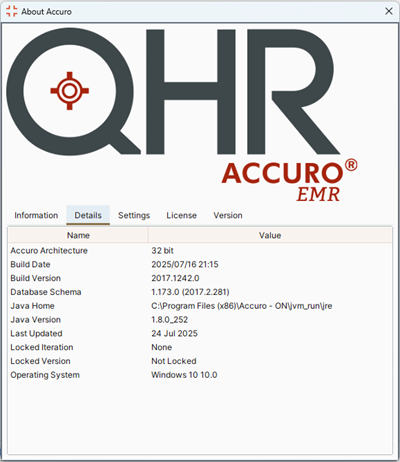 Accuro Build Version and Last Updated Date